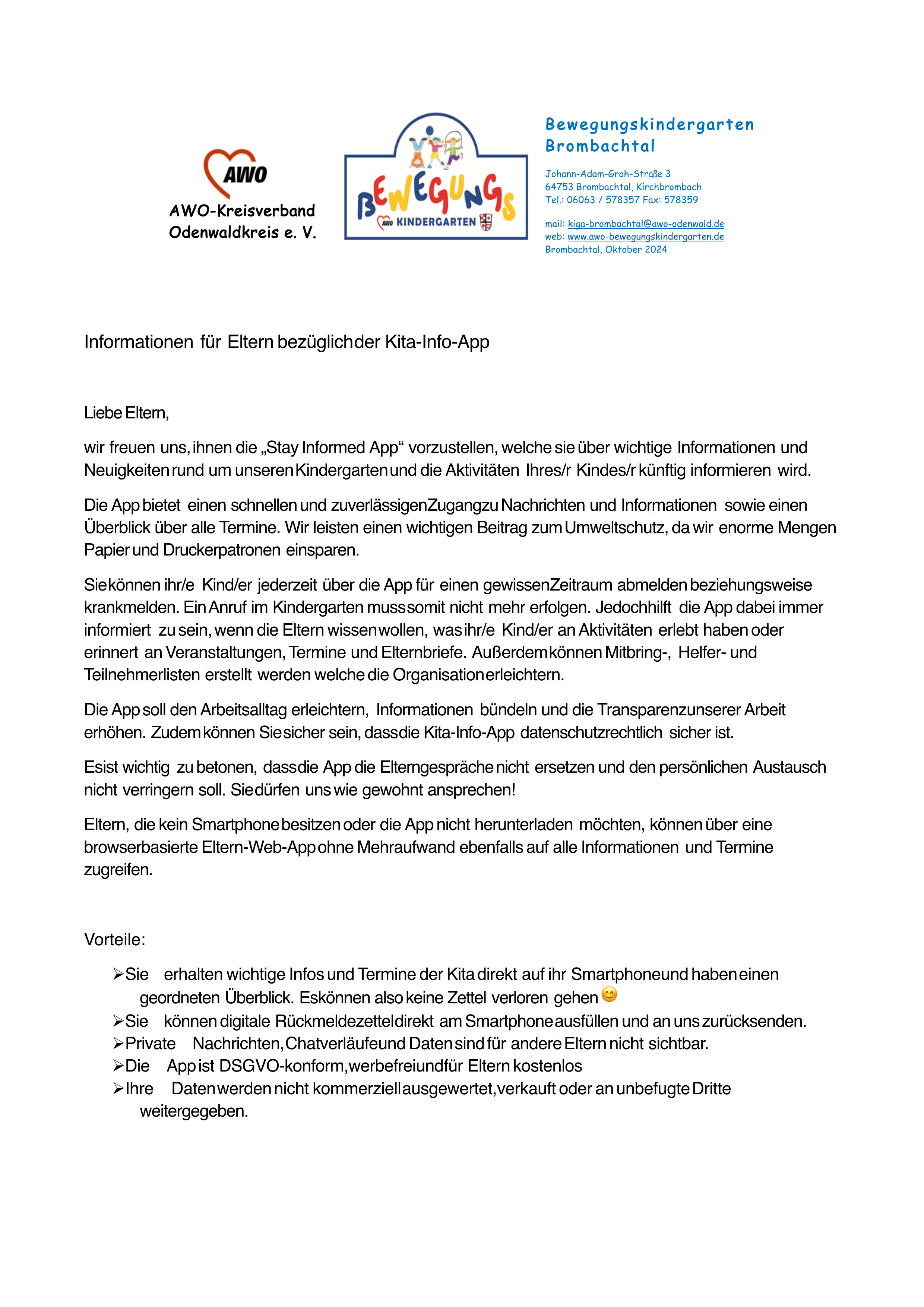 Elternbrief - Stay Informed App - Kindergarten im Brombachtal/Odenwald